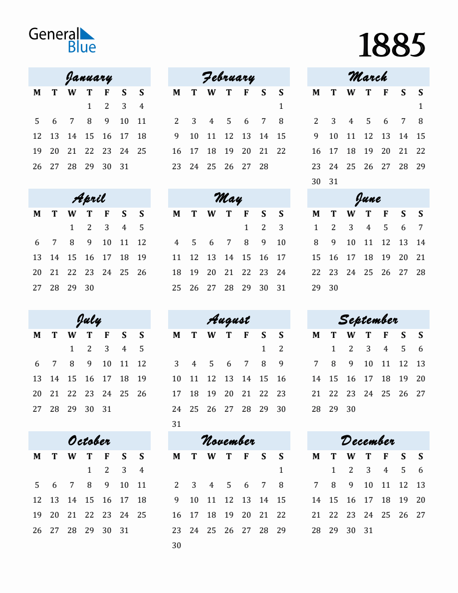 Free Downloadable Calendar for Year 1885 with Monday Start