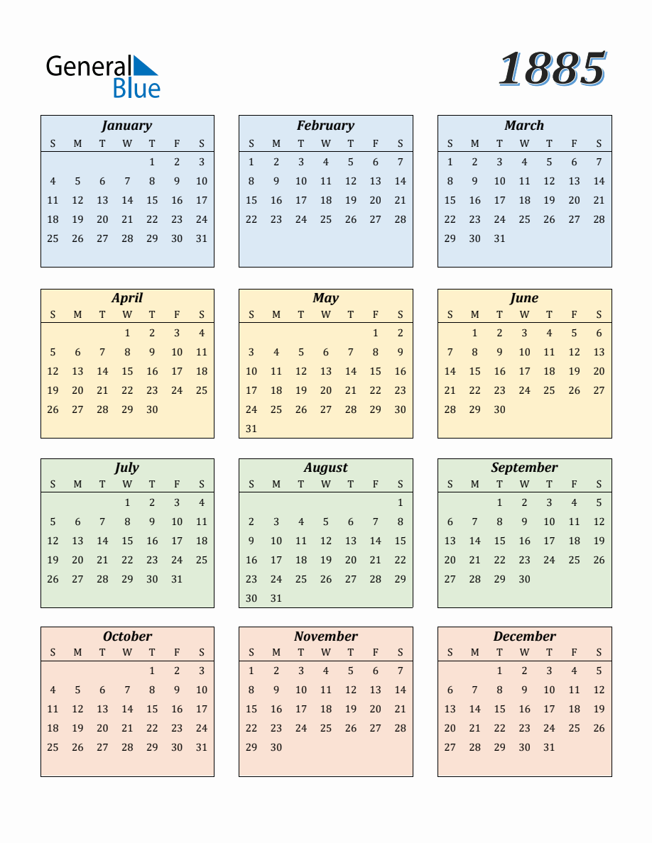Calendar for Year 1885