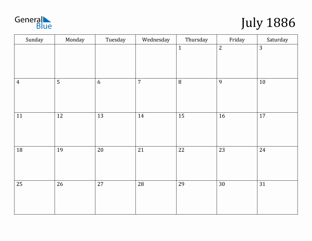 July 1886 Monthly Calendar