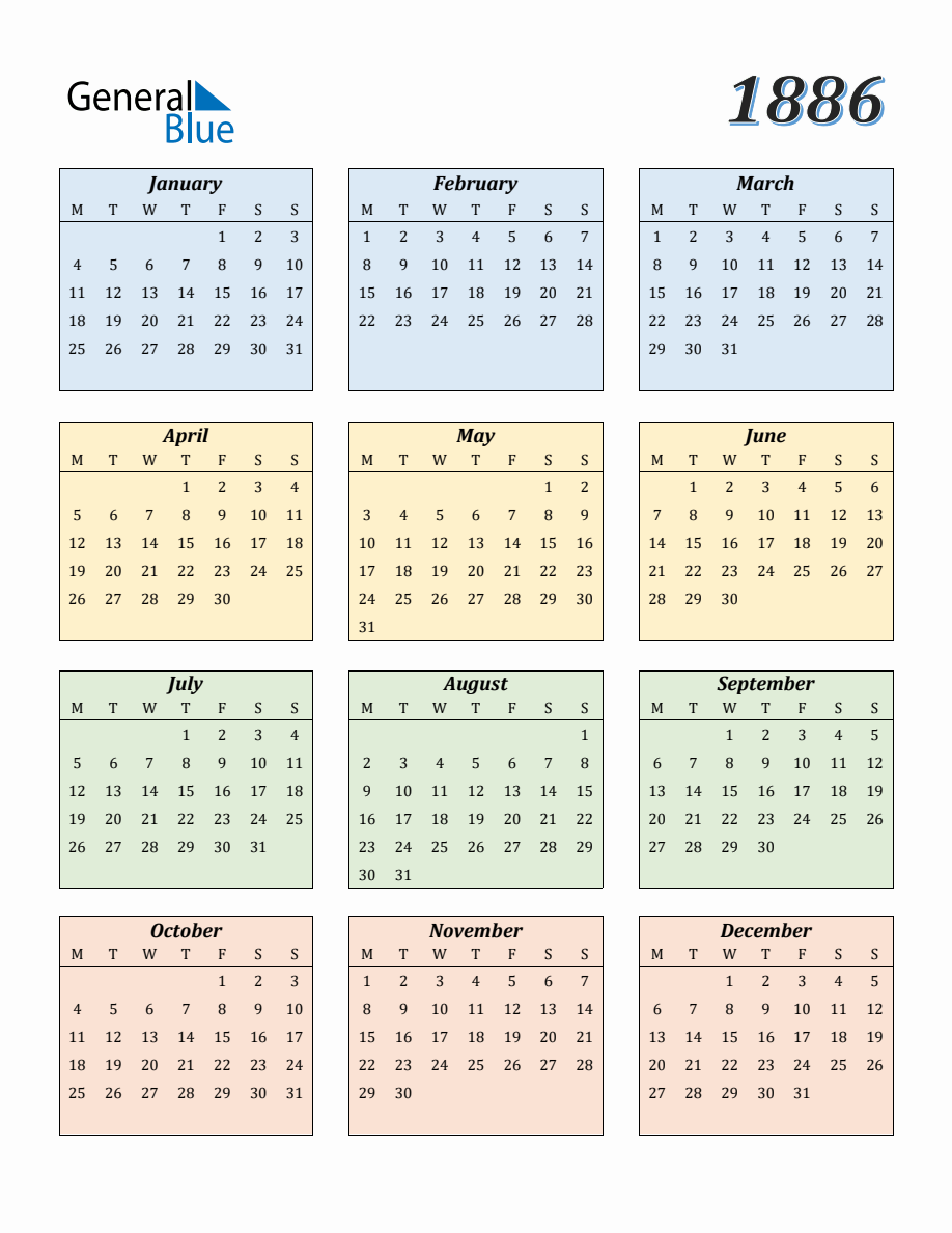 Calendar for Year 1886 with Monday Start
