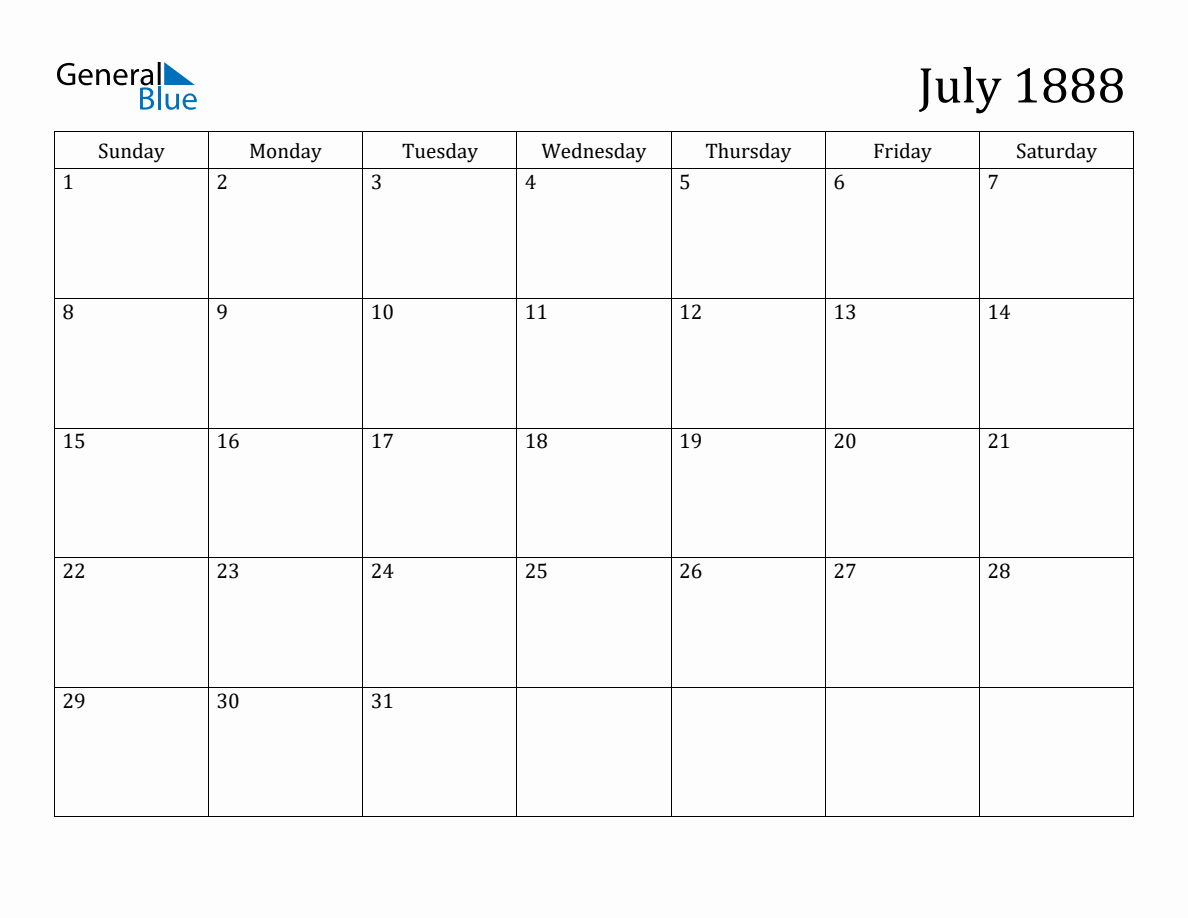 July 1888 Monthly Calendar