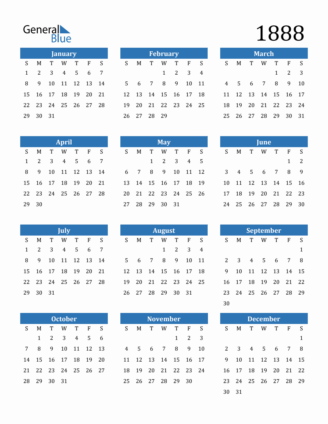 Free 1888 Calendars in PDF, Word, Excel