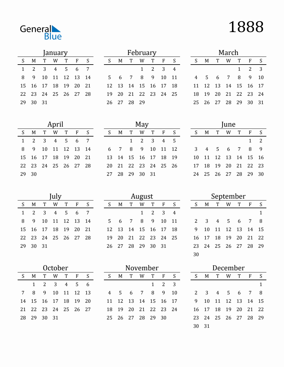 Year 1888 Free Printable 12-Month Calendar