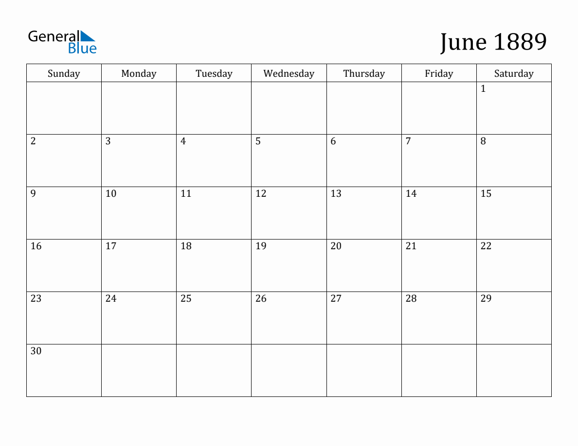June 1889 Monthly Calendar