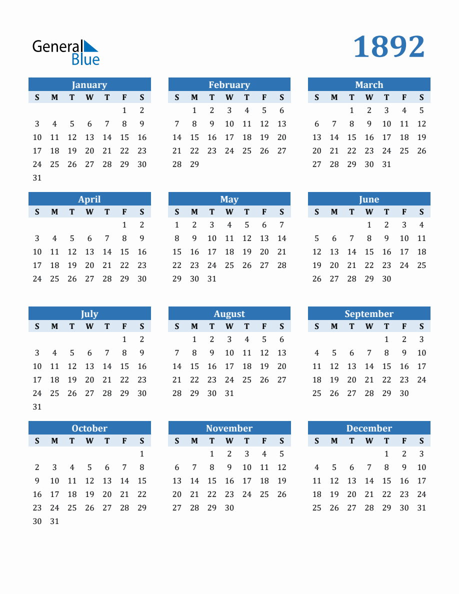 Free 1892 Year Calendar in PDF, Word, and Excel