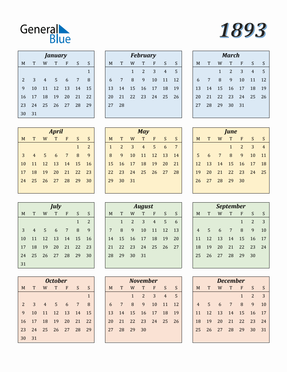 Calendar for Year 1893 with Monday Start