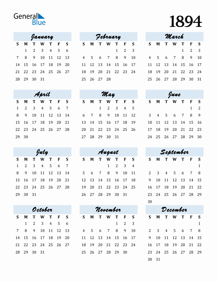 Free Downloadable Calendar for Year 1894