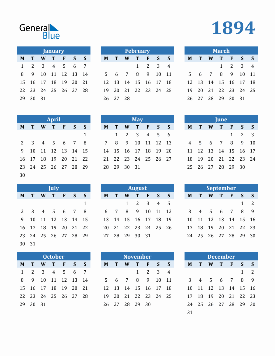 Free 1894 Year Calendar in PDF, Word, and Excel with Monday Start