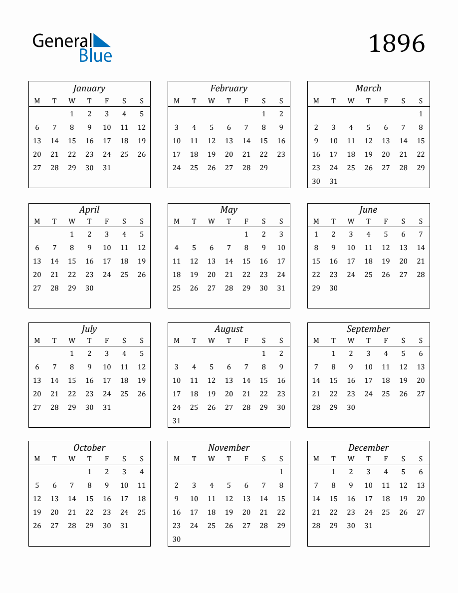 1896 Blank Yearly Calendar Printable with Monday Start