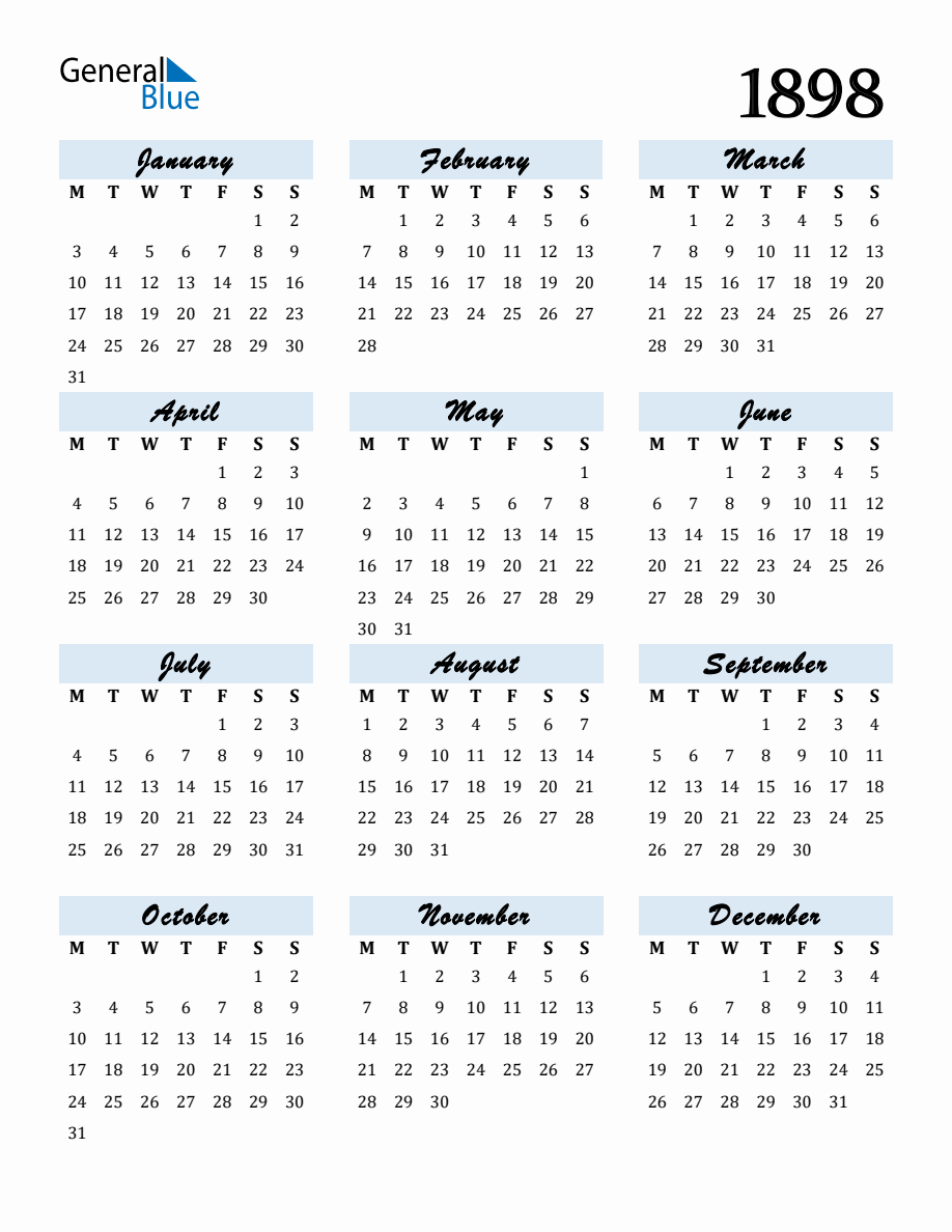 Free Downloadable Calendar for Year 1898 with Monday Start