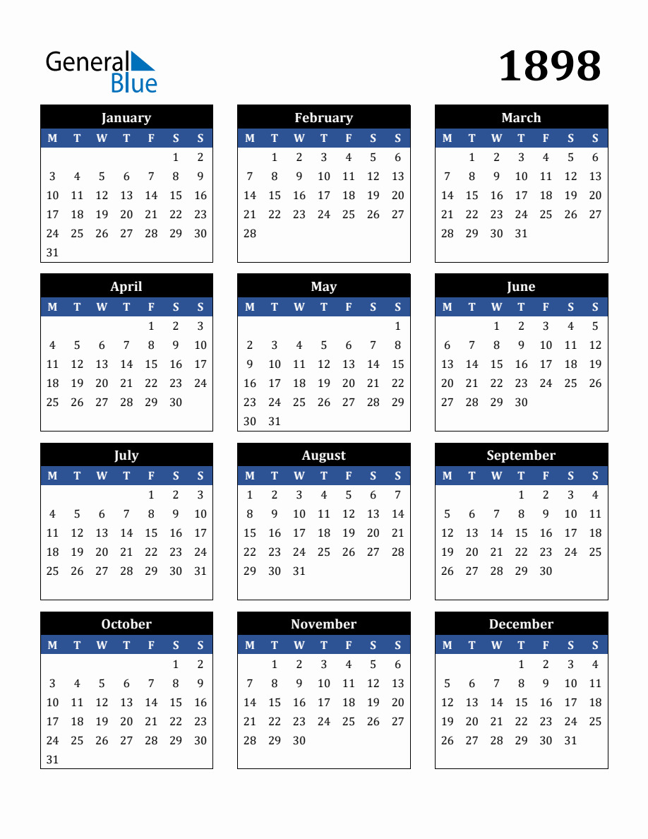 Editable 1898 Calendar with Monday Start