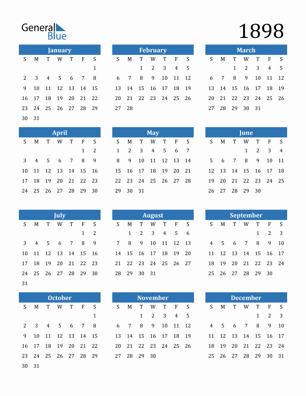 Free 1898 Calendars in PDF, Word, Excel
