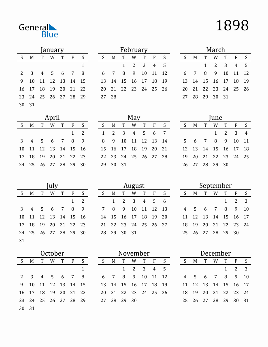 Year 1898 Free Printable 12-Month Calendar