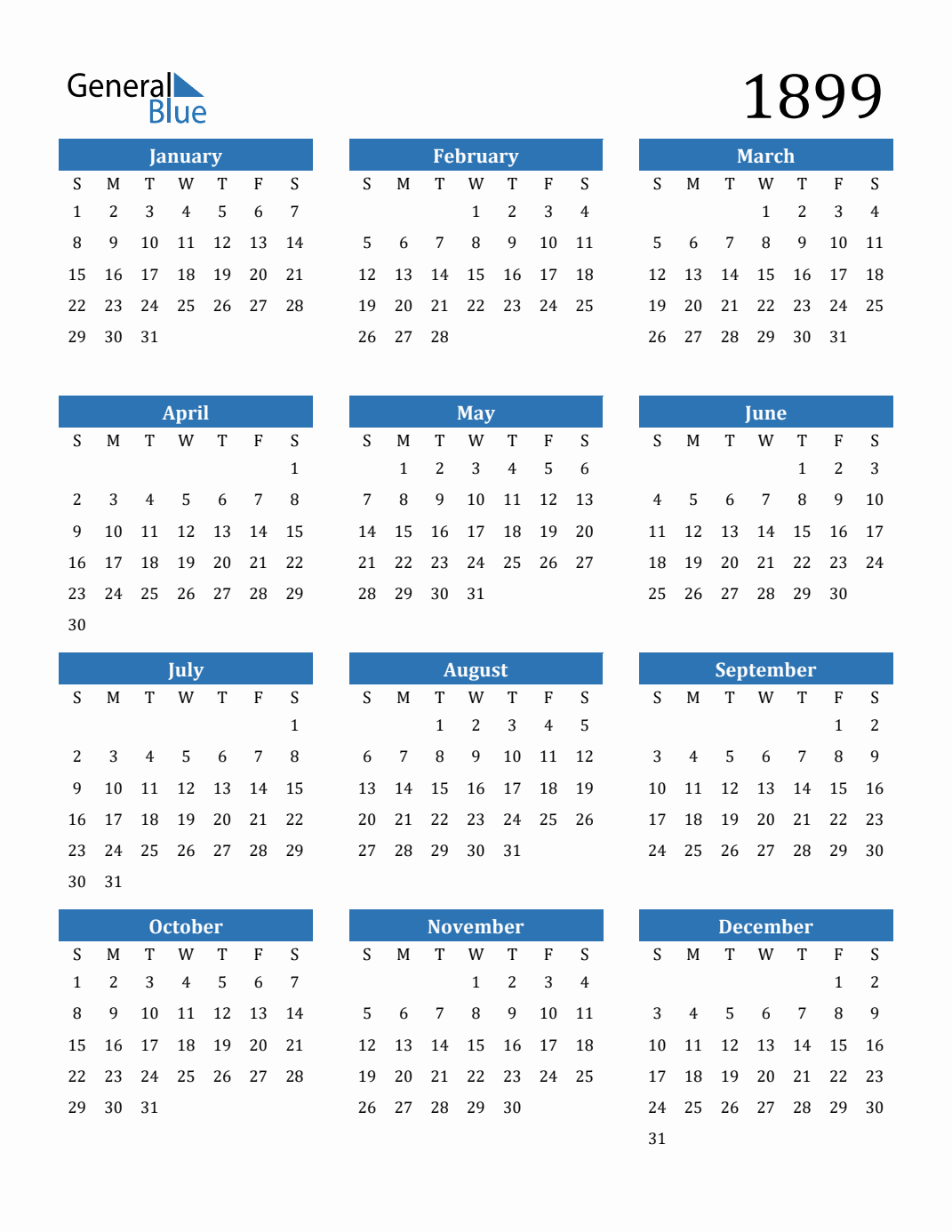 Free 1899 Calendars in PDF, Word, Excel