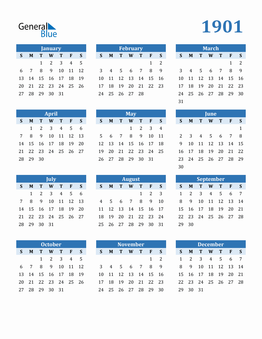Free 1901 Year Calendar in PDF, Word, and Excel