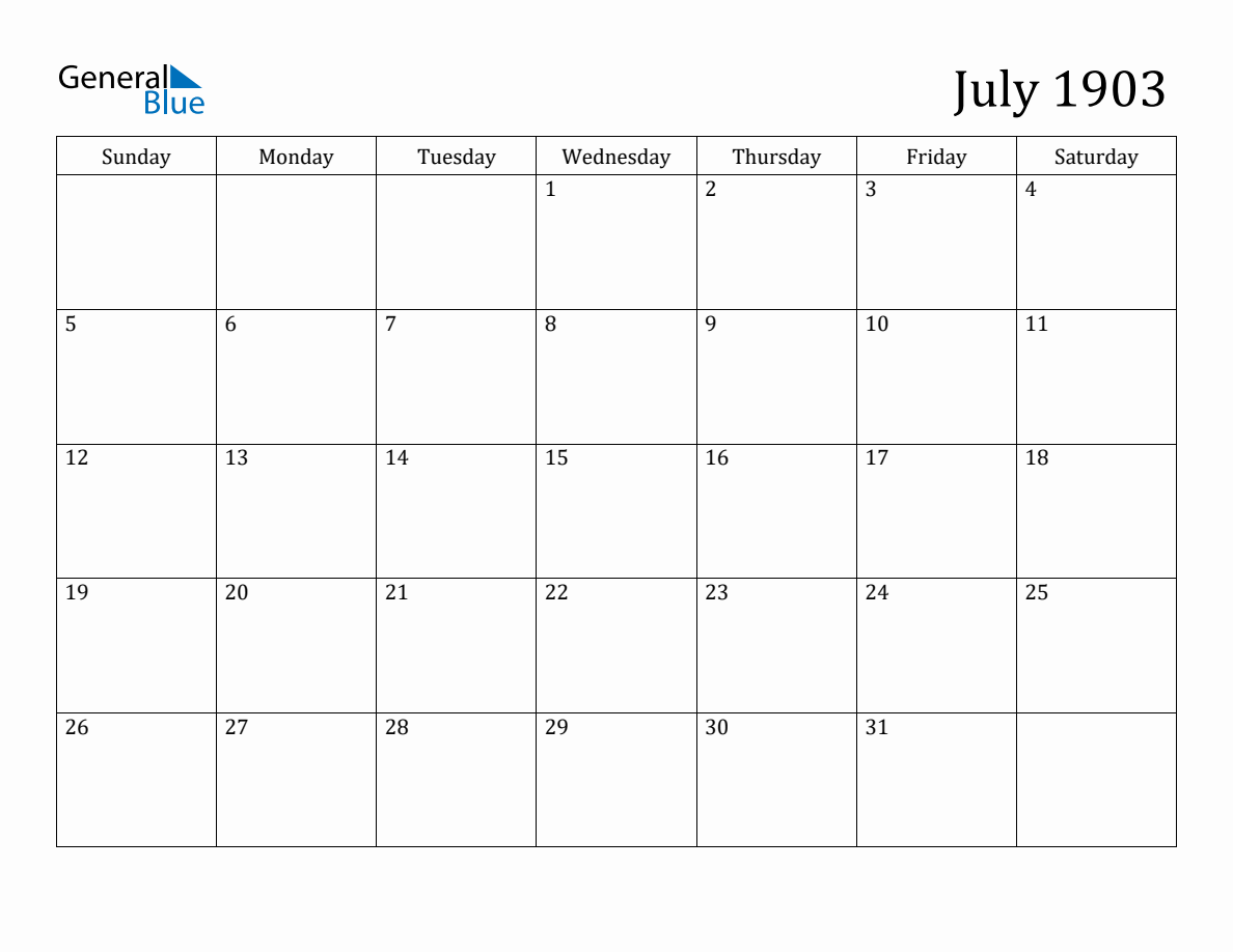 July 1903 Monthly Calendar
