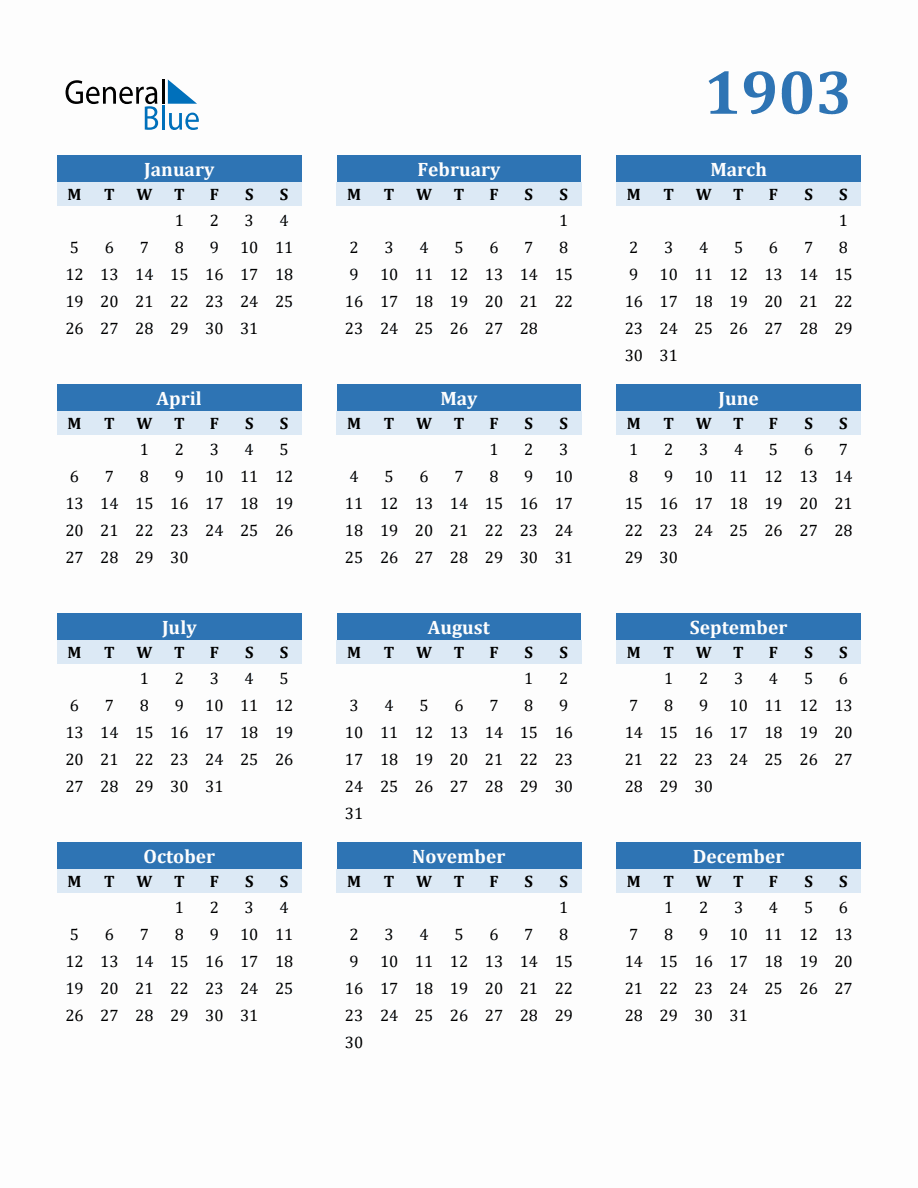 Free 1903 Year Calendar in PDF, Word, and Excel with Monday Start