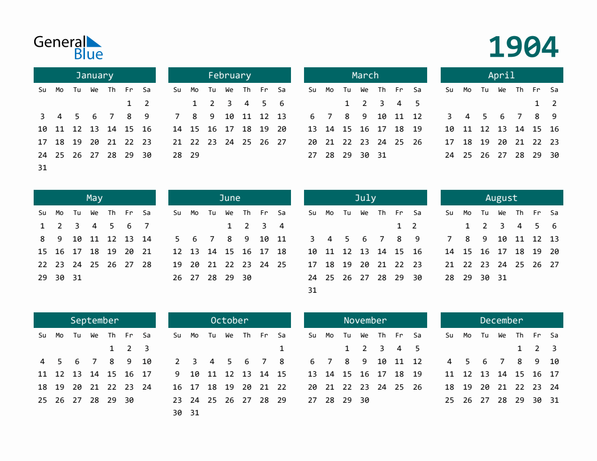 1904 Full-Year Calendar