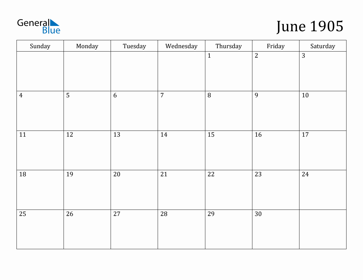 June 1905 Monthly Calendar