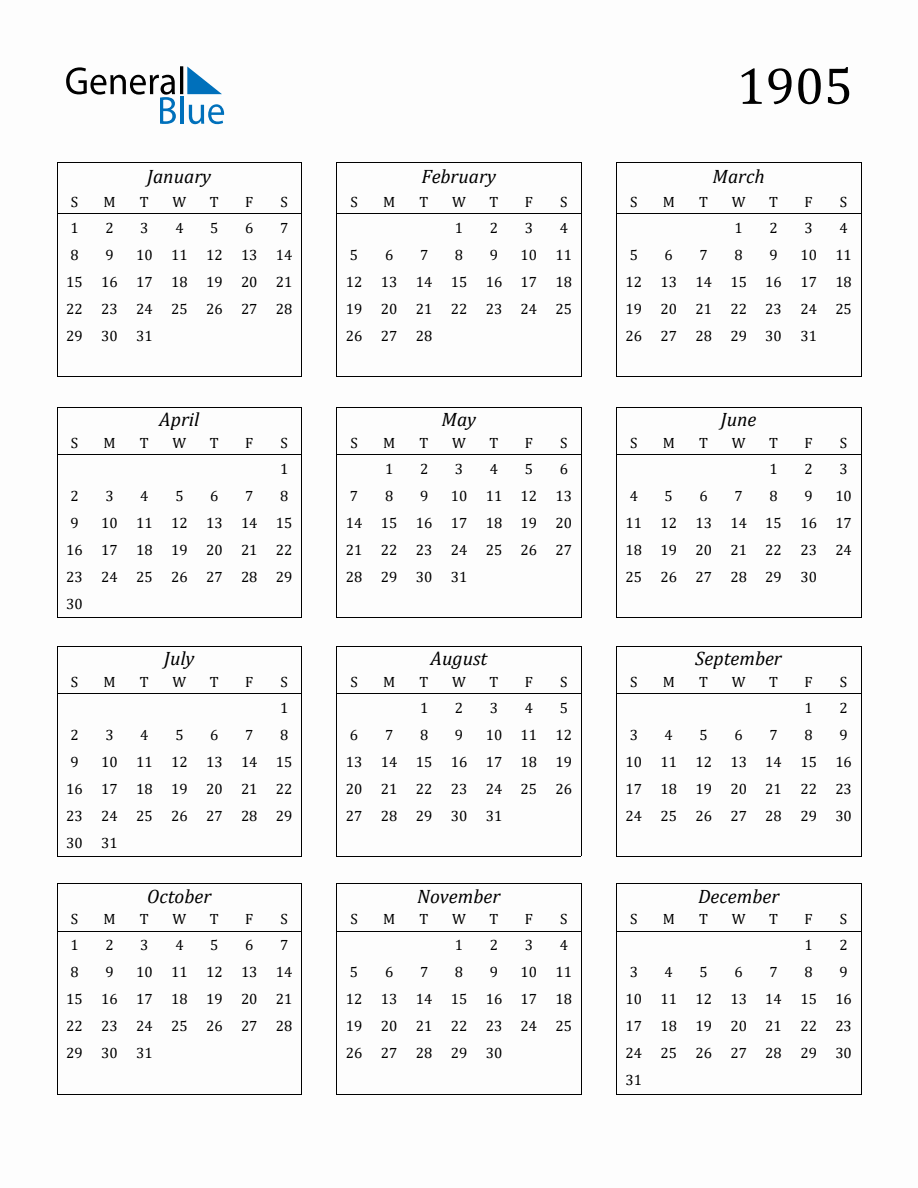 1905 Blank Yearly Calendar Printable