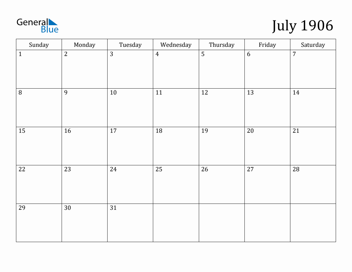 July 1906 Monthly Calendar