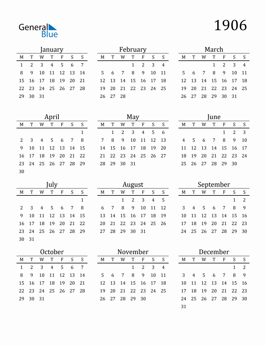 Year 1906 Free Printable 12-Month Calendar with Monday Start