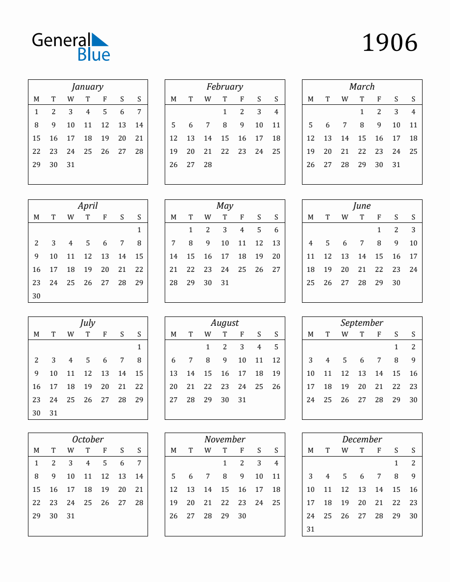 1906 Blank Yearly Calendar Printable with Monday Start