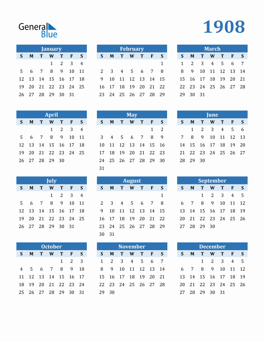 Free 1908 Year Calendar in PDF, Word, and Excel