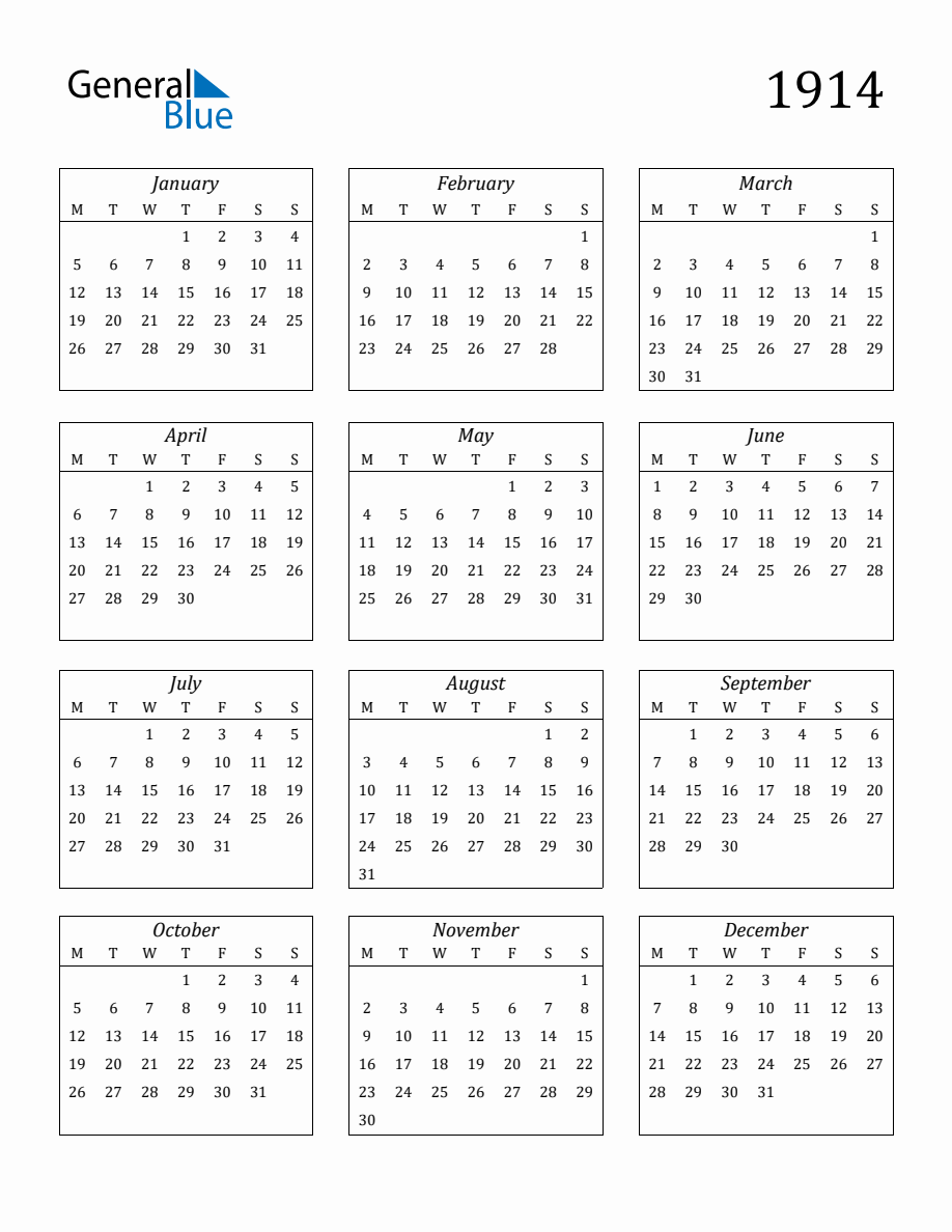 1914 Blank Yearly Calendar Printable with Monday Start
