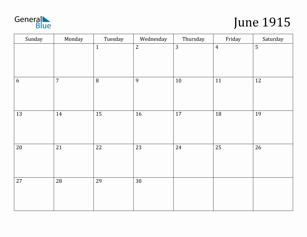 June 1915 Monthly Calendar