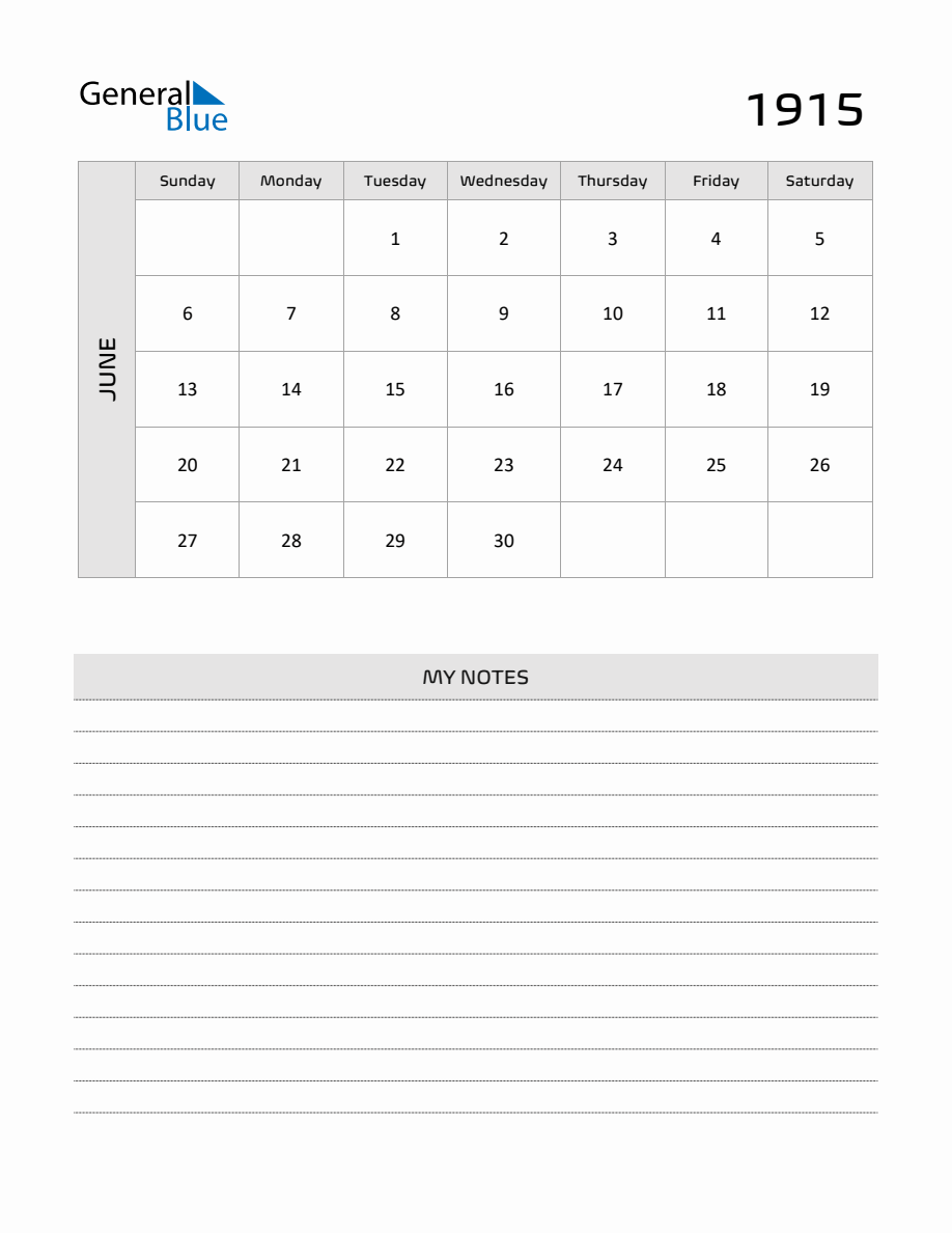 June 1915 Printable Monthly Calendar with Notes