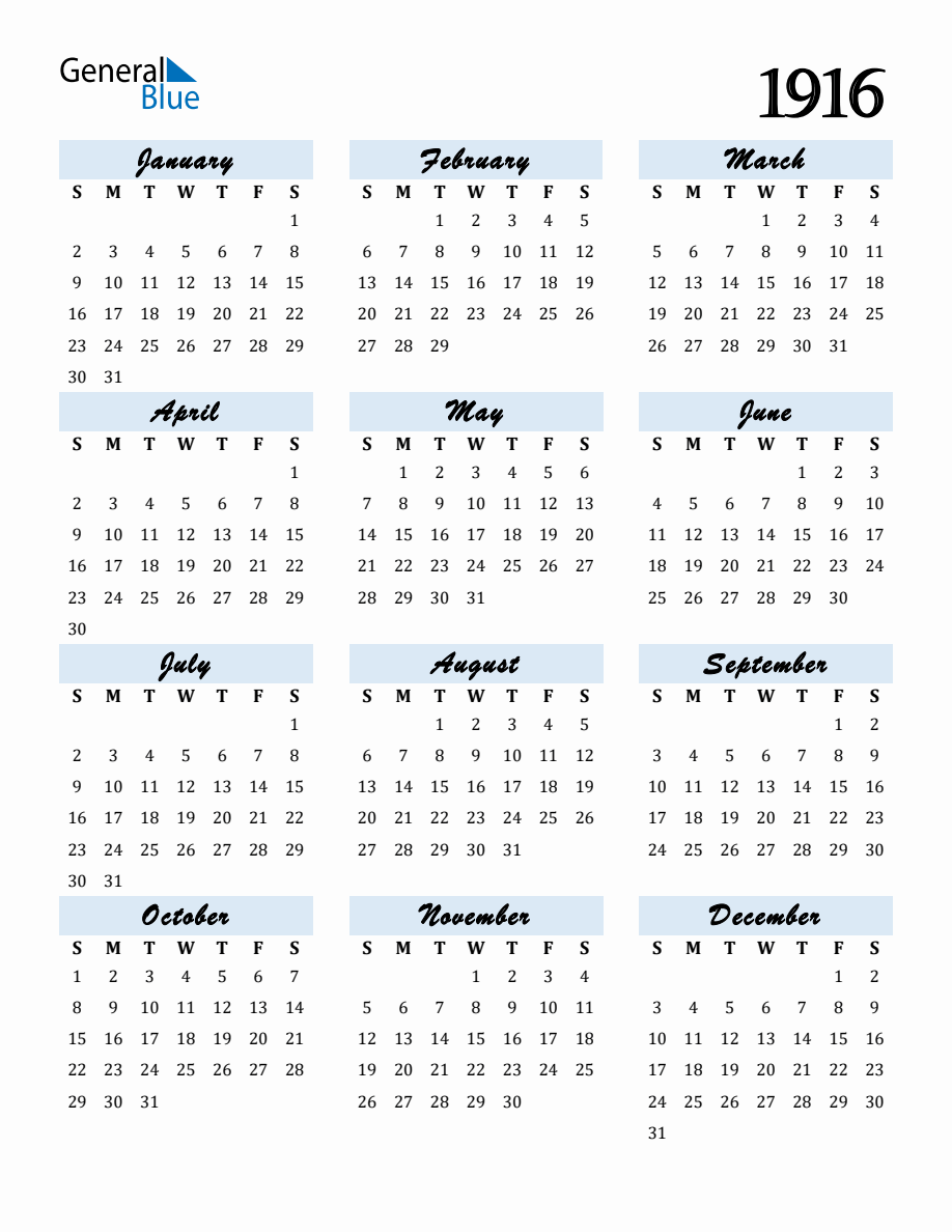 Free Downloadable Calendar for Year 1916