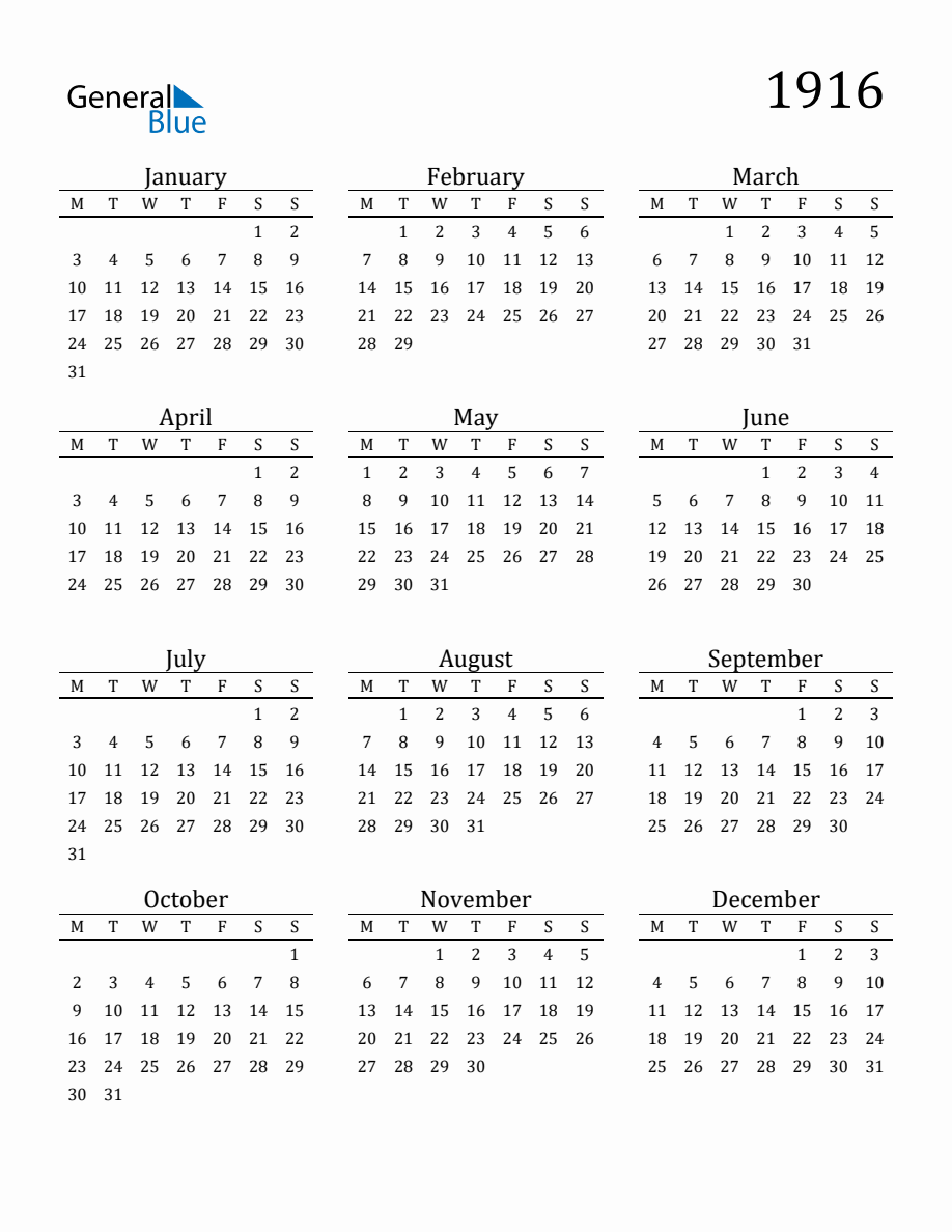 Year 1916 Free Printable 12-Month Calendar with Monday Start