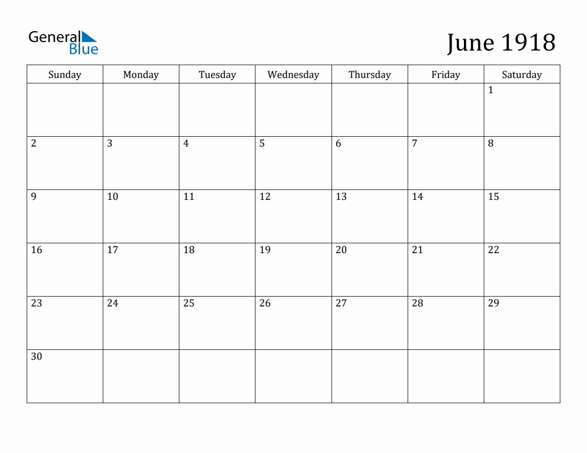 June 1918 Monthly Calendar