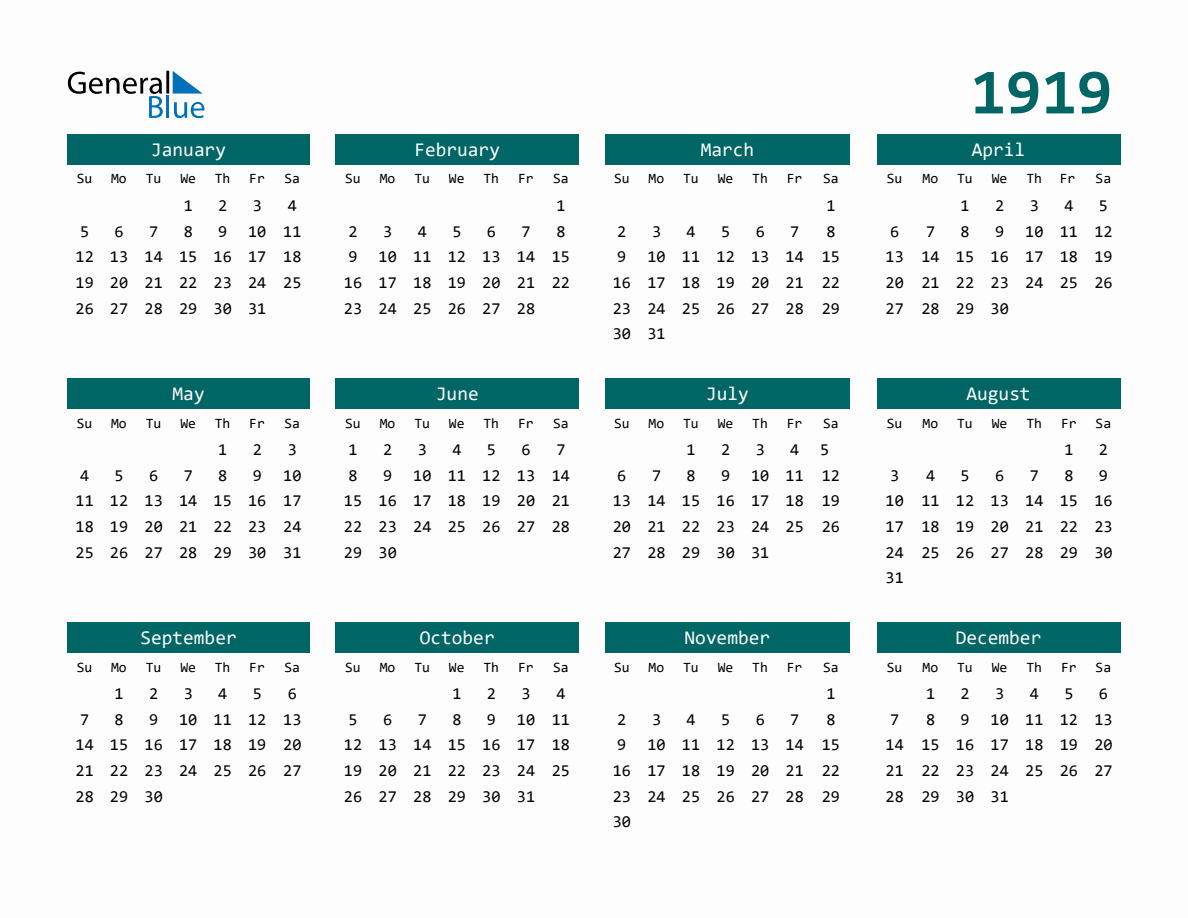 1919 Full-Year Calendar