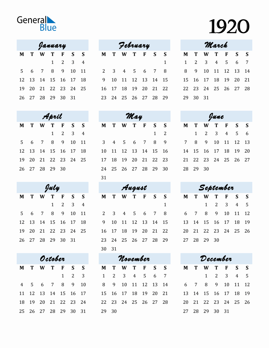 Free Downloadable Calendar for Year 1920 with Monday Start