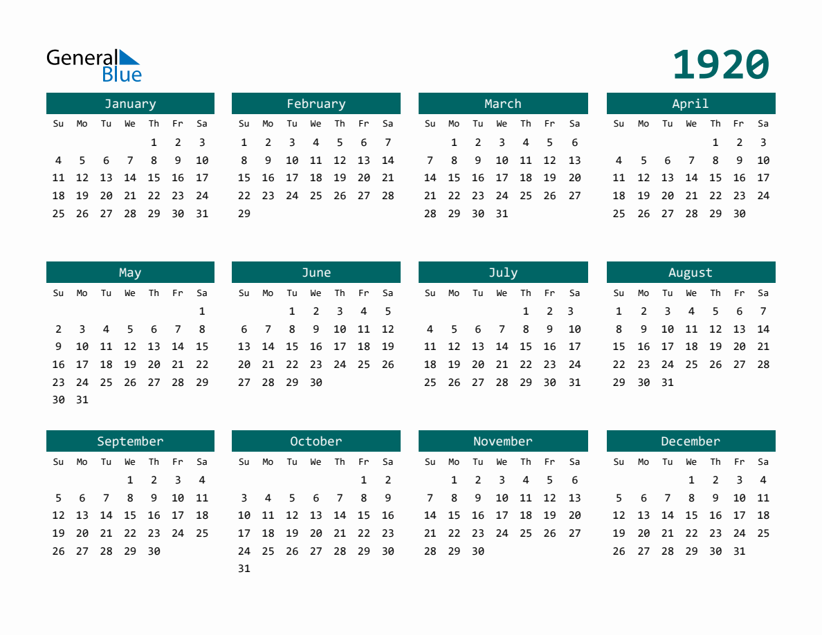 1920 Full-Year Calendar