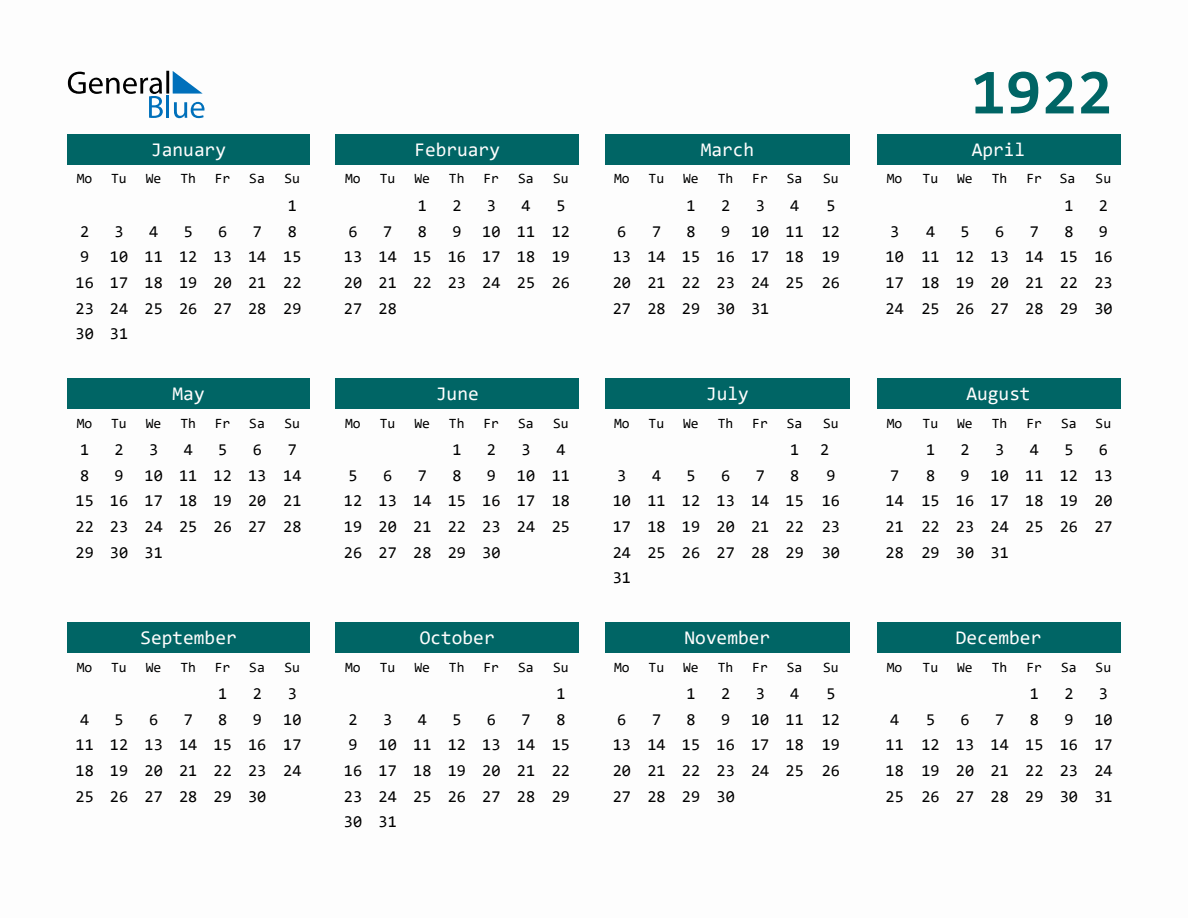 1922 Full-Year Calendar with Monday Start