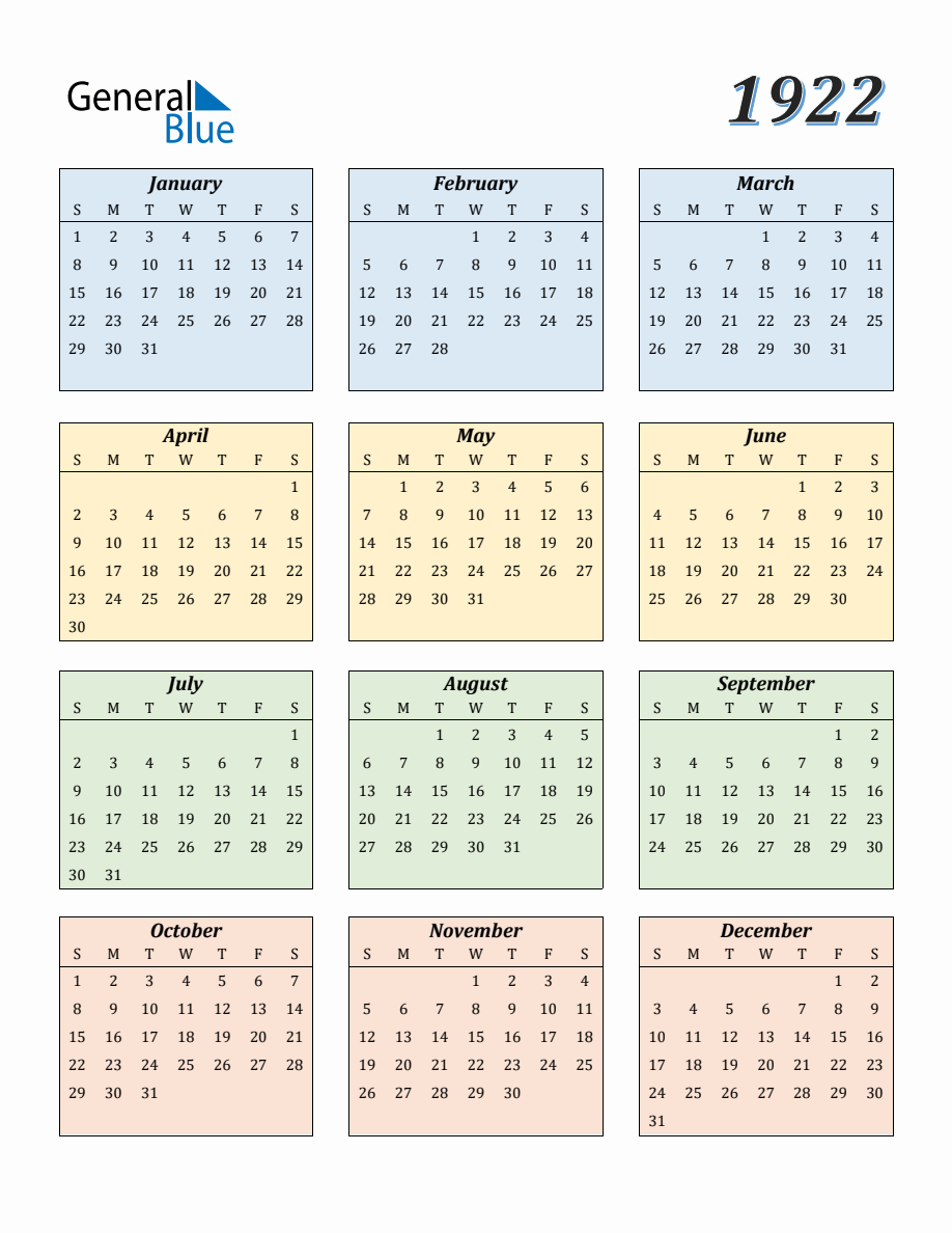 Calendar for Year 1922