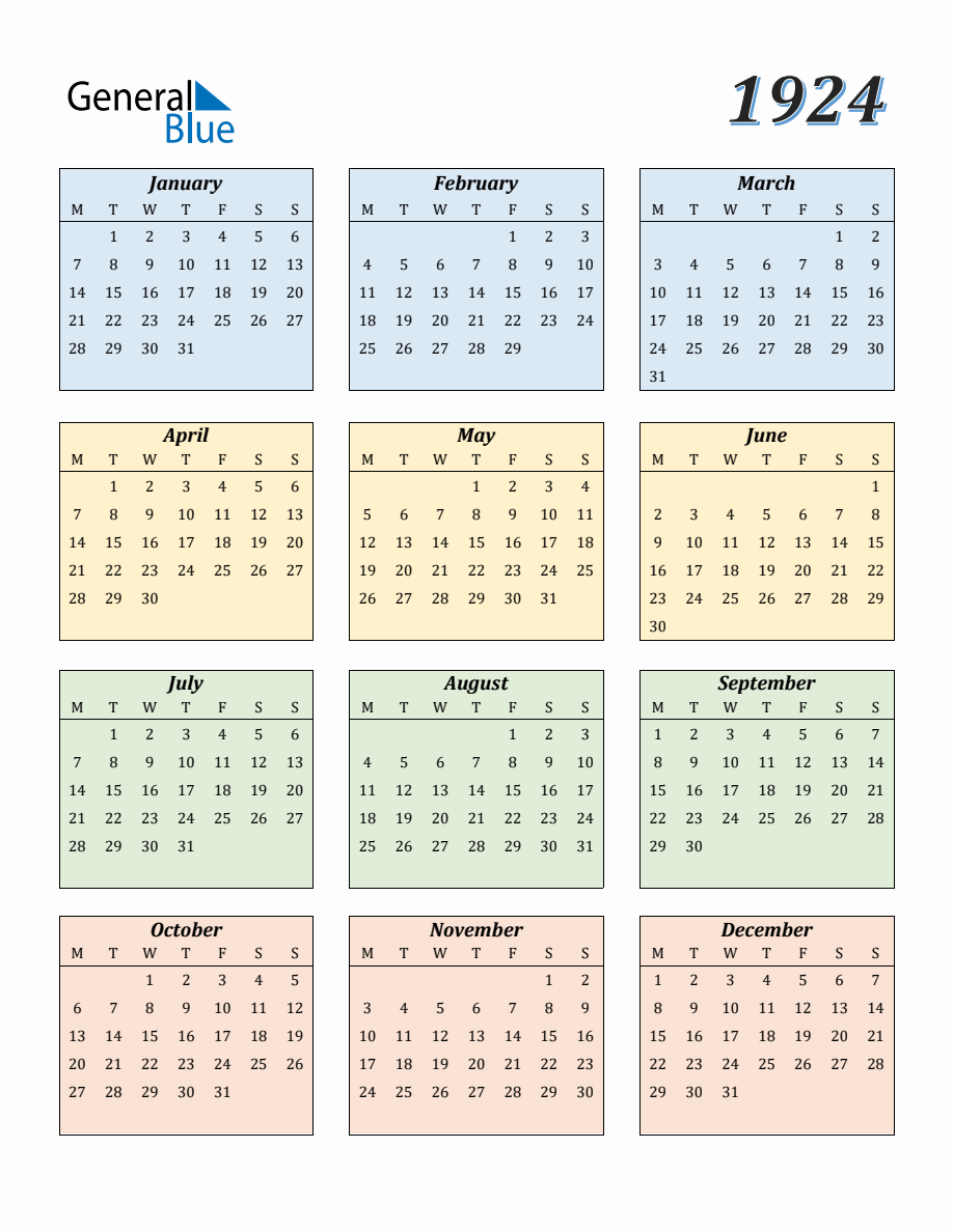 Calendar for Year 1924 with Monday Start