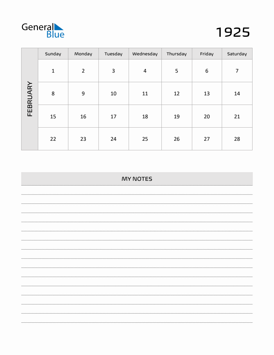 February 1925 Printable Monthly Calendar with Notes