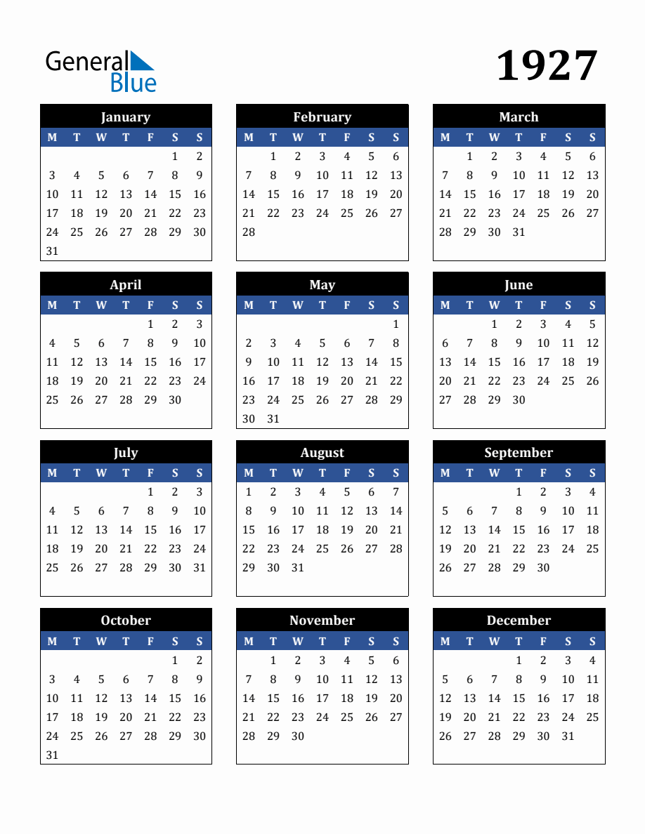 Editable 1927 Calendar with Monday Start