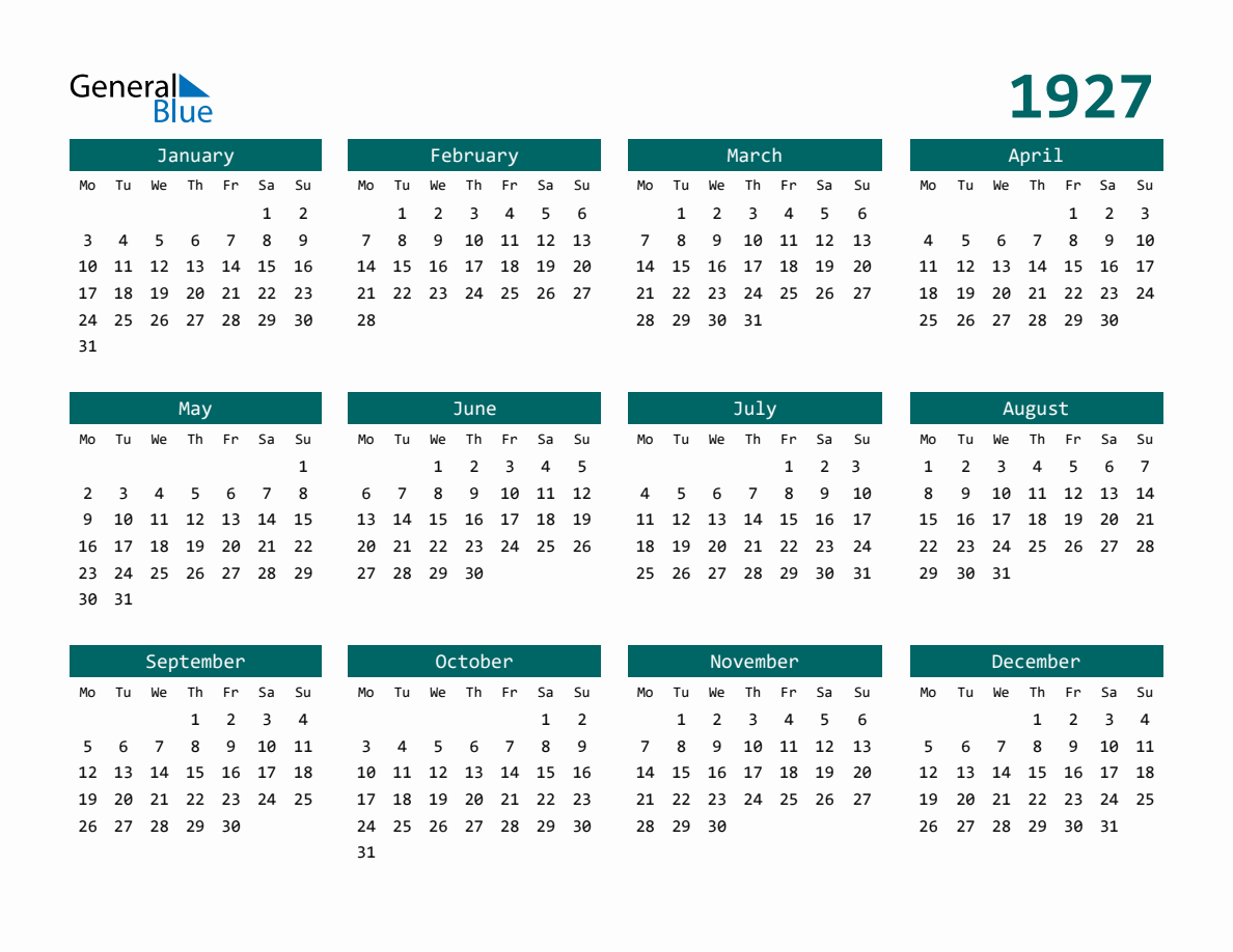 1927 Full-Year Calendar with Monday Start