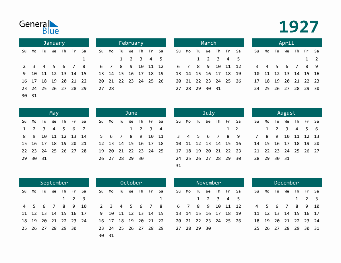 1927 Full-Year Calendar