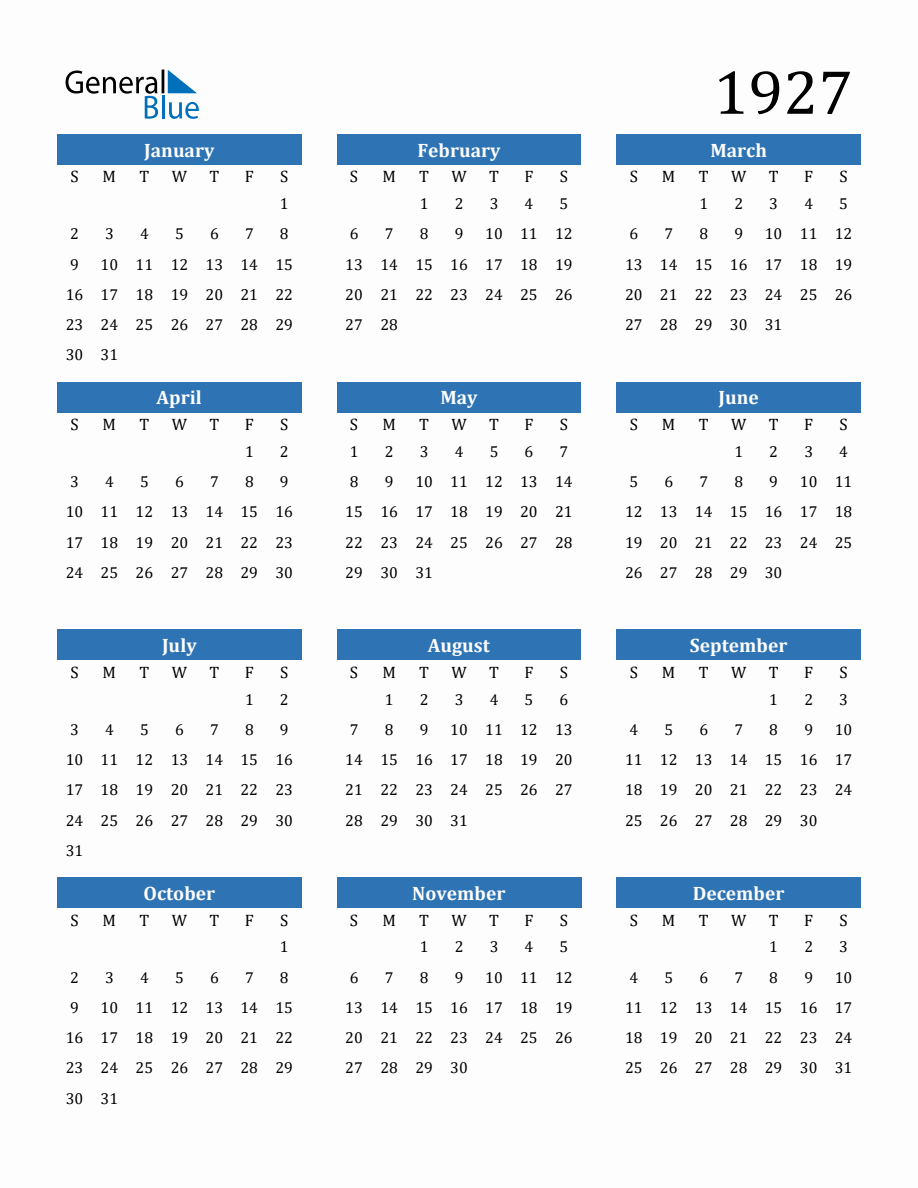 1927 Yearly Calendar