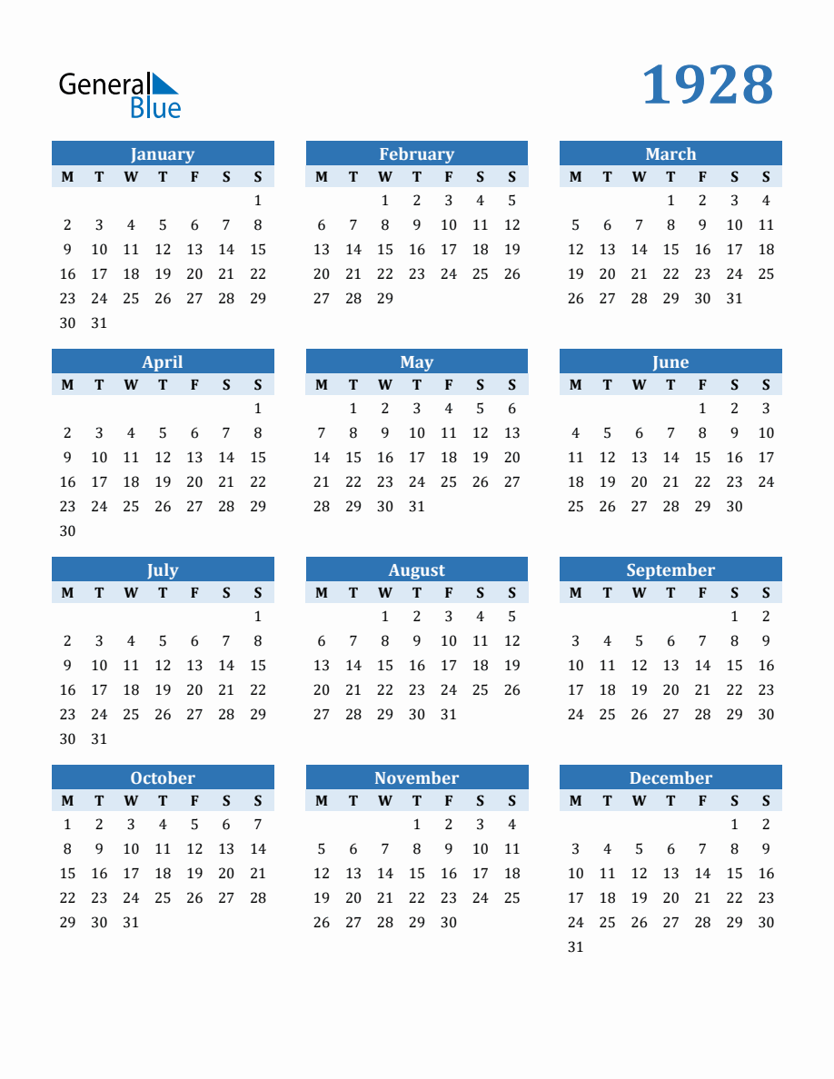 Free 1928 Year Calendar in PDF, Word, and Excel