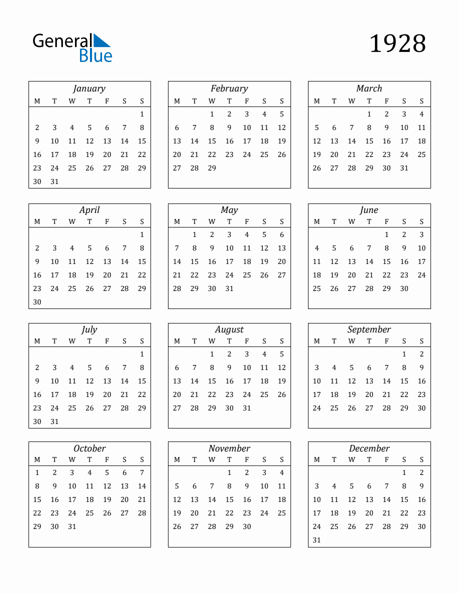 1928 Blank Yearly Calendar Printable