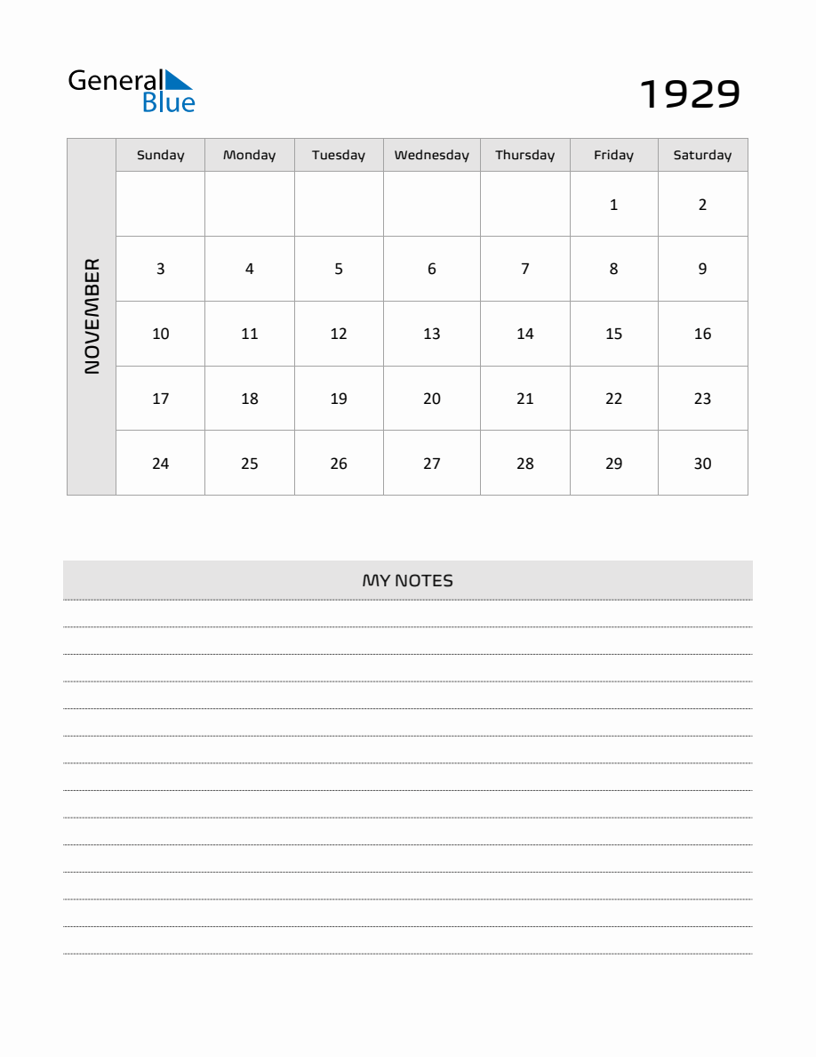 November 1929 Printable Monthly Calendar with Notes