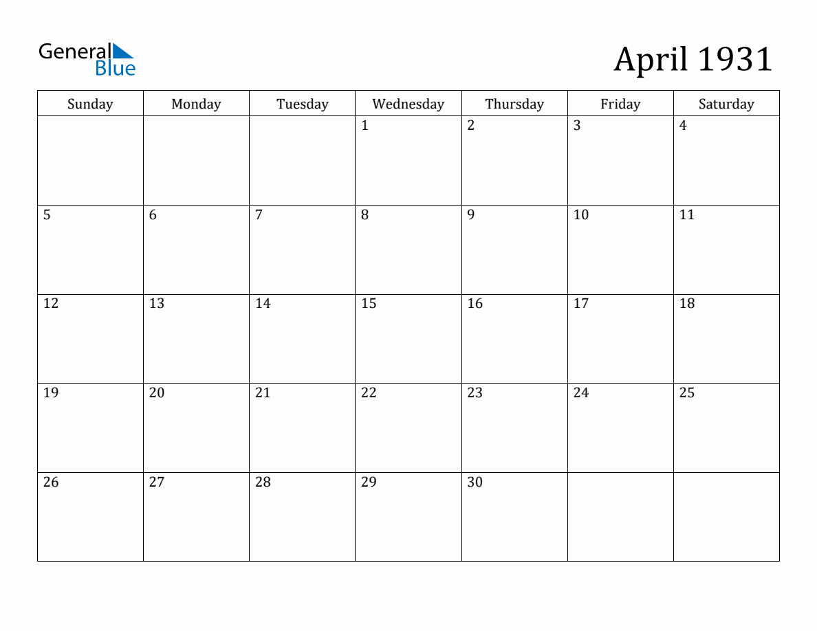 April 1931 Monthly Calendar