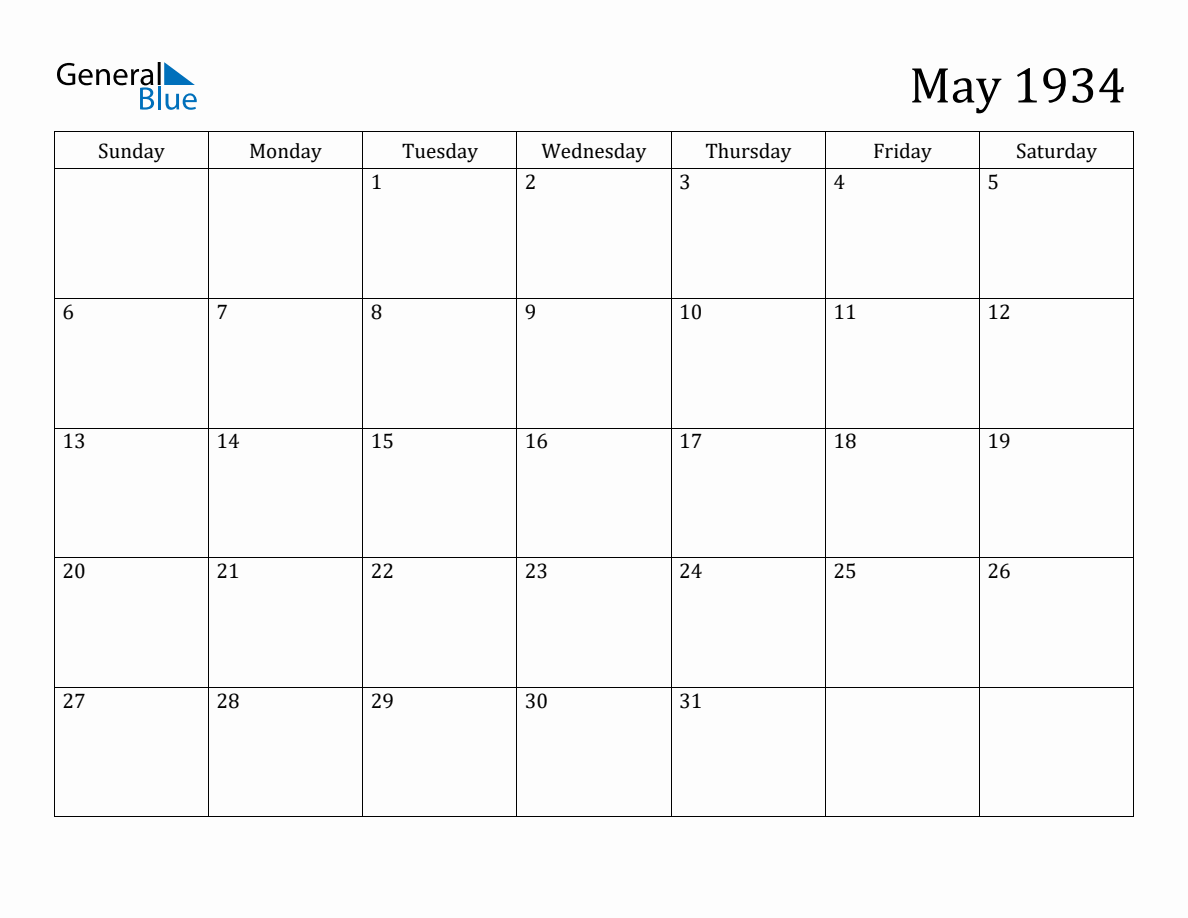 May 1934 Monthly Calendar